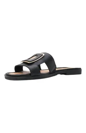 FOREVER & ALWAYS SHOES Millie Leather Buckle Slide - Black Leather