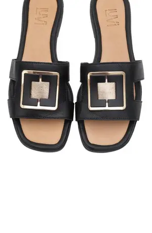 FOREVER & ALWAYS SHOES Millie Leather Buckle Slide - Black Leather