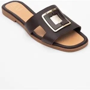 FOREVER & ALWAYS SHOES Millie Leather Buckle Slide - Brown Leather