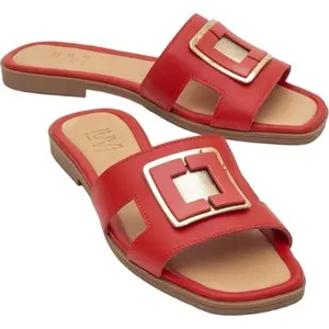 FOREVER & ALWAYS SHOES Millie Leather Buckle Slide - Red Leather