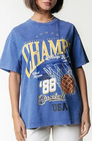 COLOURFUL REBEL Champions Acid Wash Loose Fit T-shirt - Bright Blue