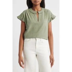 Wit & Wisdom Embroidered Split Neck Top - Oregano