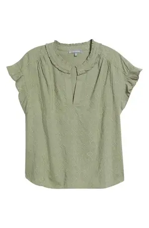 Wit & Wisdom Embroidered Split Neck Top - Oregano