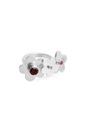 SHANA CAVE Sterling Silver Flower Cluster Ring - Silver Garnet Ruby Pink Saph