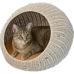 THE LICKER STORE Fiora 19.5" X 18" Modern Circular Faux Wicker Pet Bed With Machine-washable Cushion - White