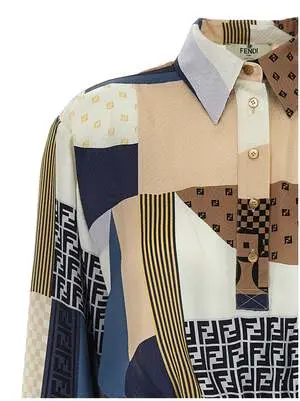 Fendi Patchwork Jacquard Silk Crêpe Midi Shirt Dress - Multicolor