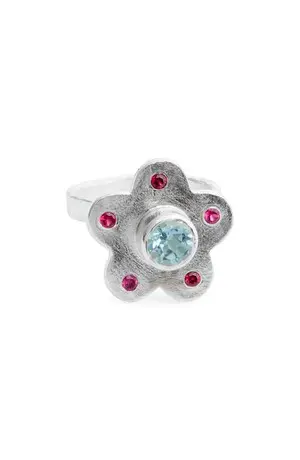 SHANA CAVE Flower Ring - Silver Blue Topaz Ruby