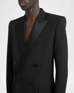 Balmain Apos;s Satin Peak Lapel Double-breasted Blazer Jacket - Eap Black/black
