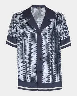Balmain Monogram Camp Shirt - Lt Blue Multi