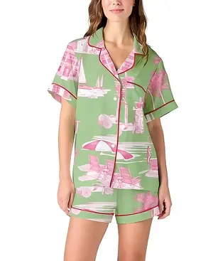 KATIE KIME Florida Toile Pajama Shorts Set - Green Pink