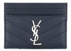 Saint Laurent Card Case Matelasse Grain De Poudre Silvertone Navy Blue