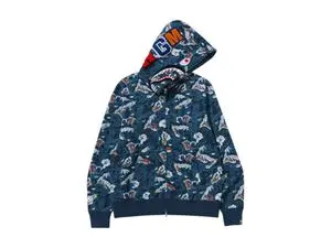 A BATHING APE Japanese Tattoo Camo Shark Full Zip Hoodie - Blue