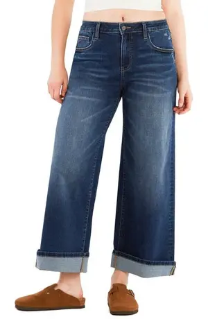 HINT OF BLU Cuffed High-waist Relaxed Jeans - Night Wash Blue