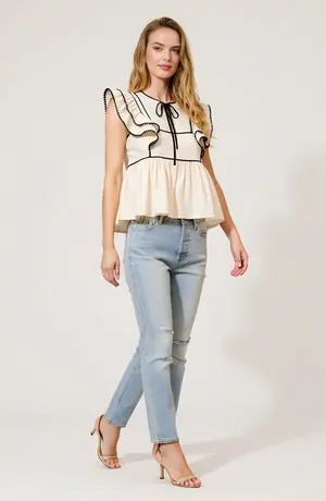 MODENAIRE Ruffle Sleeve Peplum Top With Contrast Trim