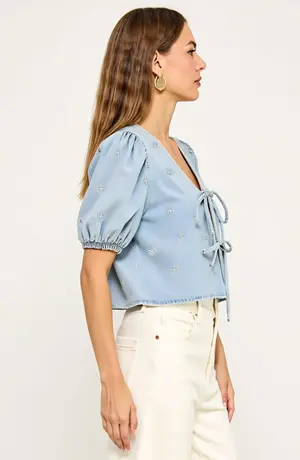 MODENAIRE Embroidered Puff Sleeve Top With Front Tie