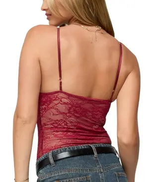 EDIKTED Nolyn Sheer Lace V-neck Top - Burgundy