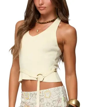 EDIKTED Kez Belted Knit Halter Top - Cream