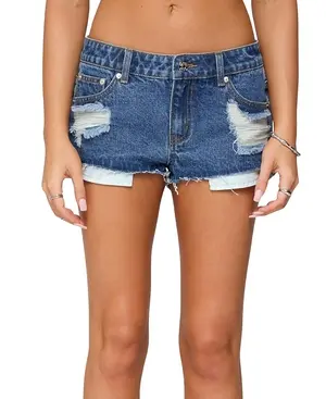 EDIKTED Devin Low Rise Denim Shorts - Blue-washed