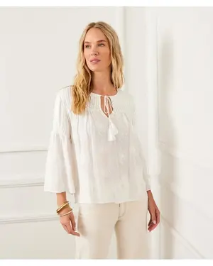 Karen Kane Embroidered Pin Tuck Top