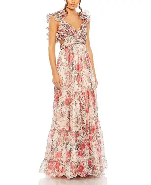 Mac Duggal Floral Cut-out Chiffon Gown With Ruffle Tiered Detail - Rose Multi