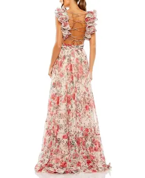 Mac Duggal Floral Cut-out Chiffon Gown With Ruffle Tiered Detail - Rose Multi
