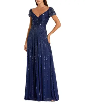 Mac Duggal Striped Sequin Gown With Embellished Shoulders - Sapphire