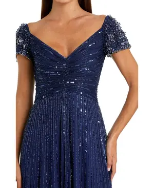 Mac Duggal Striped Sequin Gown With Embellished Shoulders - Sapphire