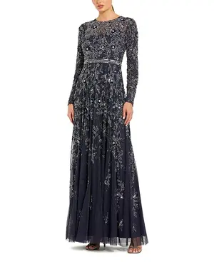 Mac Duggal Floral Embellished Mesh A-line Gown - Midnight