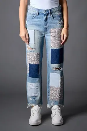 BLUE REVIVAL Paisley Patchwork Straight Leg Jeans
