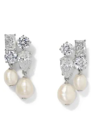 Nadri London Cultured Pearl Cluster Drop Earrings - Rhodium