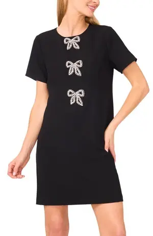 CECE DUPRAZ Rhinestone Bows Shift Mini Dress