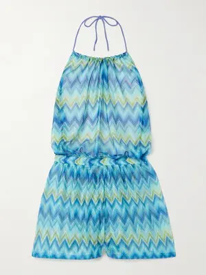 Missoni Open-back Printed Stretch-tulle Halterneck Playsuit - Blue