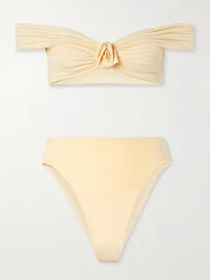 MAYGEL CORONEL Sauco Off-the-shoulder Appliquéd Ruched Bikini - Yellow