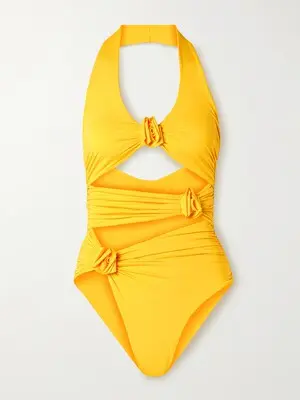 MAYGEL CORONEL Cipria Cutout Appliquéd Ruched Swimsuit - Yellow