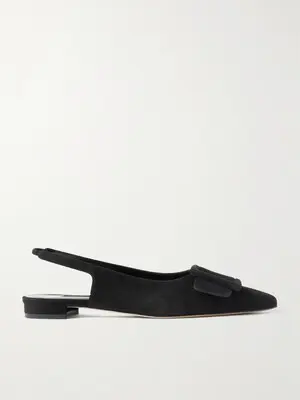 Manolo Blahnik Maylura Buckled Suede Slingback Flats - Black