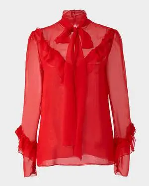 Carolina Herrera Silk Bow Ruffle Top - Scarlet