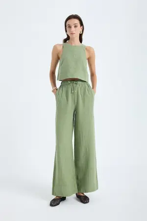 MONLICIA Ciel 100% Linen Wide-leg Pants - Ciel Green