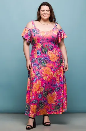 24SEVEN COMFORT APPAREL Printed Cold Shoulder Maxi Dress - Pink Multi