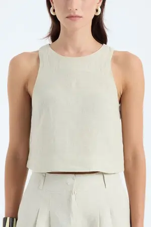 MONLICIA Lena 100% Linen Sleeveless Crop Top - Stone