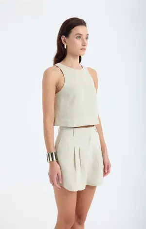 MONLICIA Lena 100% Linen Sleeveless Crop Top - Stone