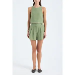 MONLICIA Reve 100% Linen High-waist Pleated Relaxed Fit Shorts Green