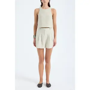 MONLICIA Reve 100% Linen High-waist Pleated Relaxed Fit Shorts Stone