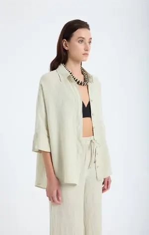 MONLICIA Iyan 100% Linen Oversized Button-up Shirt - Beige