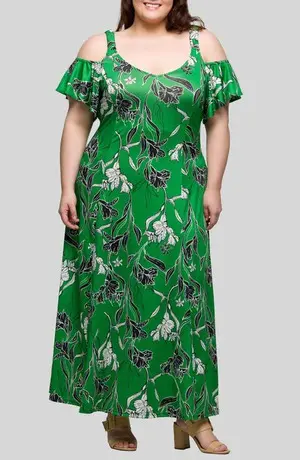 24SEVEN COMFORT APPAREL Printed Cold Shoulder Jersey Maxi Dress - Green Multi