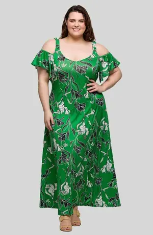 24SEVEN COMFORT APPAREL Printed Cold Shoulder Jersey Maxi Dress - Green Multi