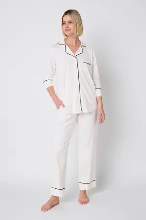 THE CAT'S PAJAMAS Classic Solid Pima Knit Pajama Set Ivory