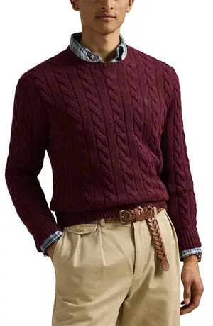 Polo Ralph Lauren Cable Knit Cotton Crewneck Sweater - Mulberry Jam Heather