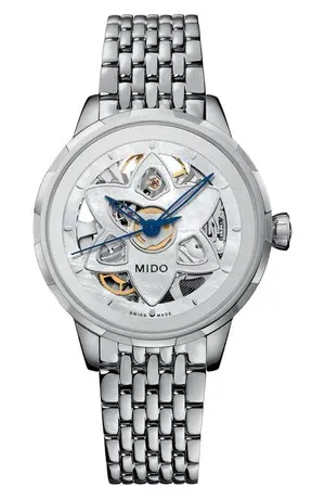 MIDO Rainflower Blossom Skeleton Automatic Bracelet Watch - White Mother Of Pearl