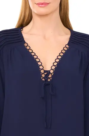 CECE DUPRAZ Circle Trim Pintuck Top - Classic Navy