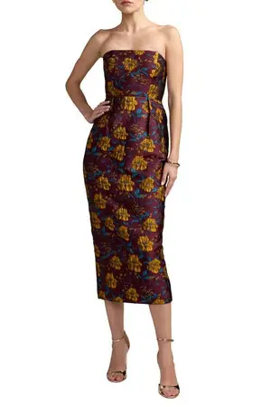 Mac Duggal Strapless Tropical Floral Brocade Midi Dress - Plum Multi